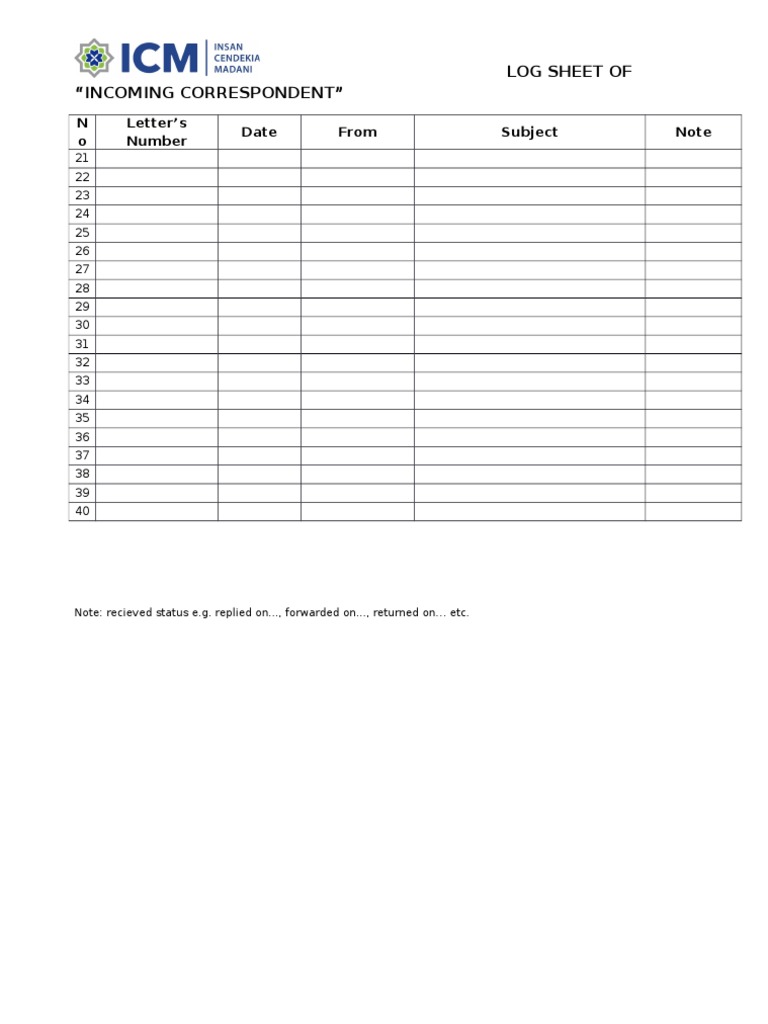 Log Sheet of Incoming Letter | Business