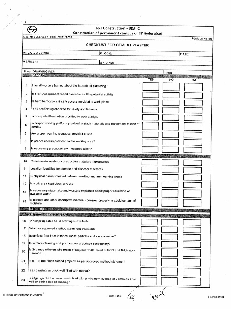 Cement Plaster Checklist | PDF
