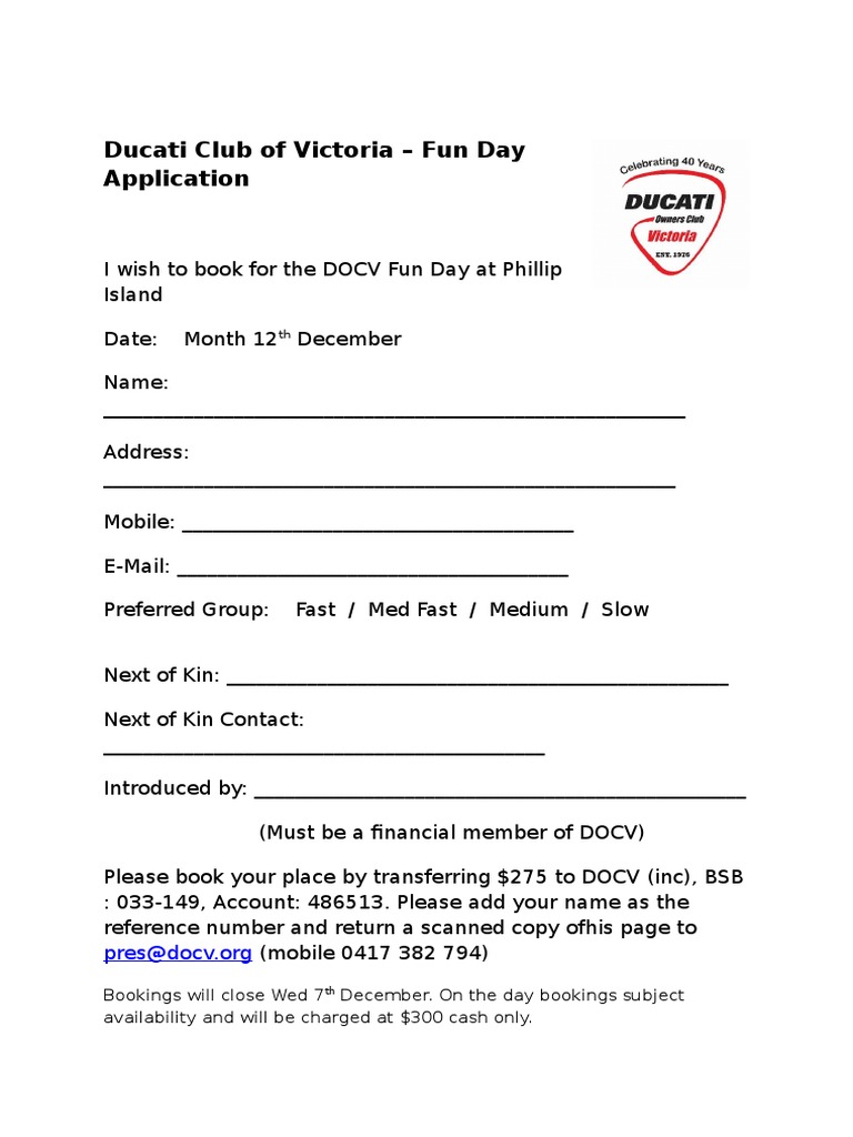 Track Day Form - Dec 2016 | PDF | Motorcycle | Vehicles
