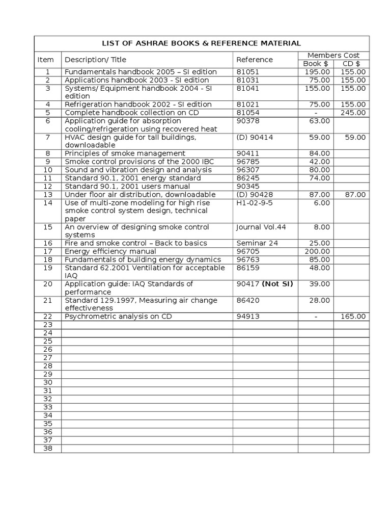List of Ashrae Books & Reference Material | PDF