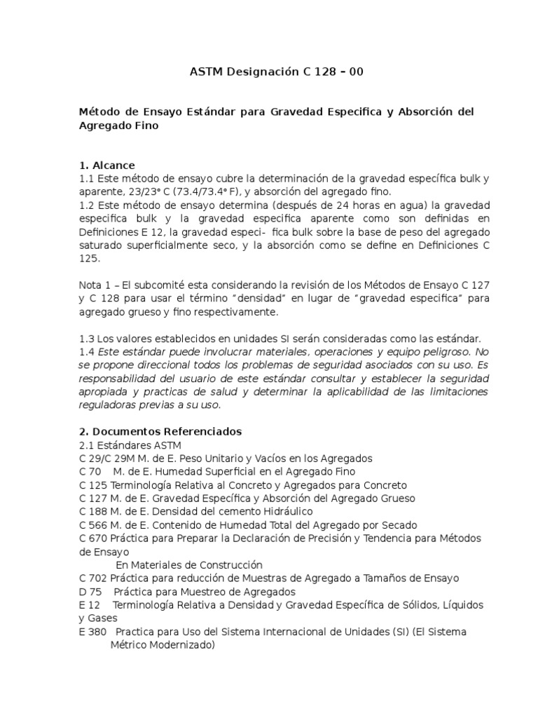 ASTM C 128: Gravedad Específica Agregado Fino | PDF | Densidad ...