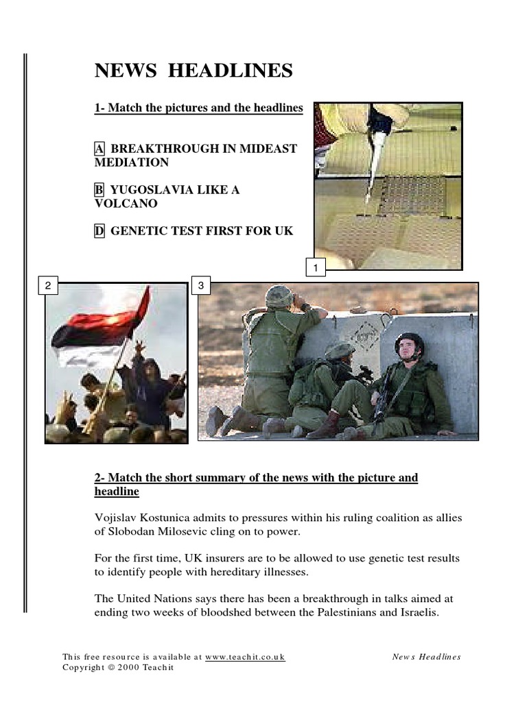 News Headlines: 1-Match The Pictures and The Headlines | PDF | Politics ...
