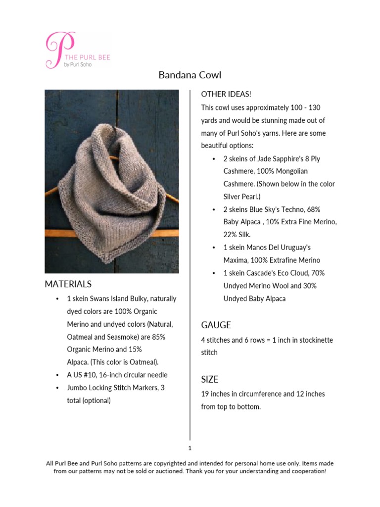 Purl Bee Bandana Cowl v1.PDF-926429400 | PDF | Knitting | Fibers