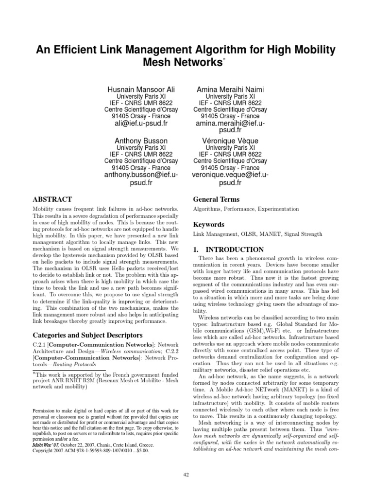 An Efficient Link Management Algorithm For High Mobility Mesh Networks | PDF | Wireless Ad Hoc ...