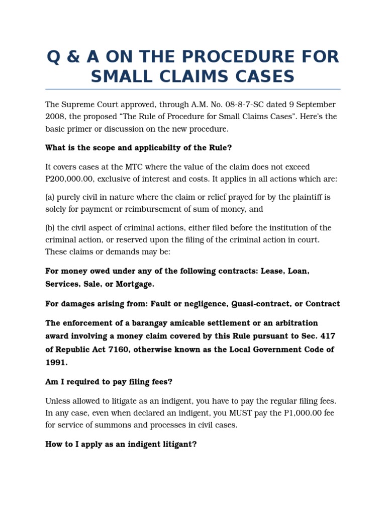 Q & A On The Procedure For Small Claims Cases | PDF | Prejudice (Legal ...