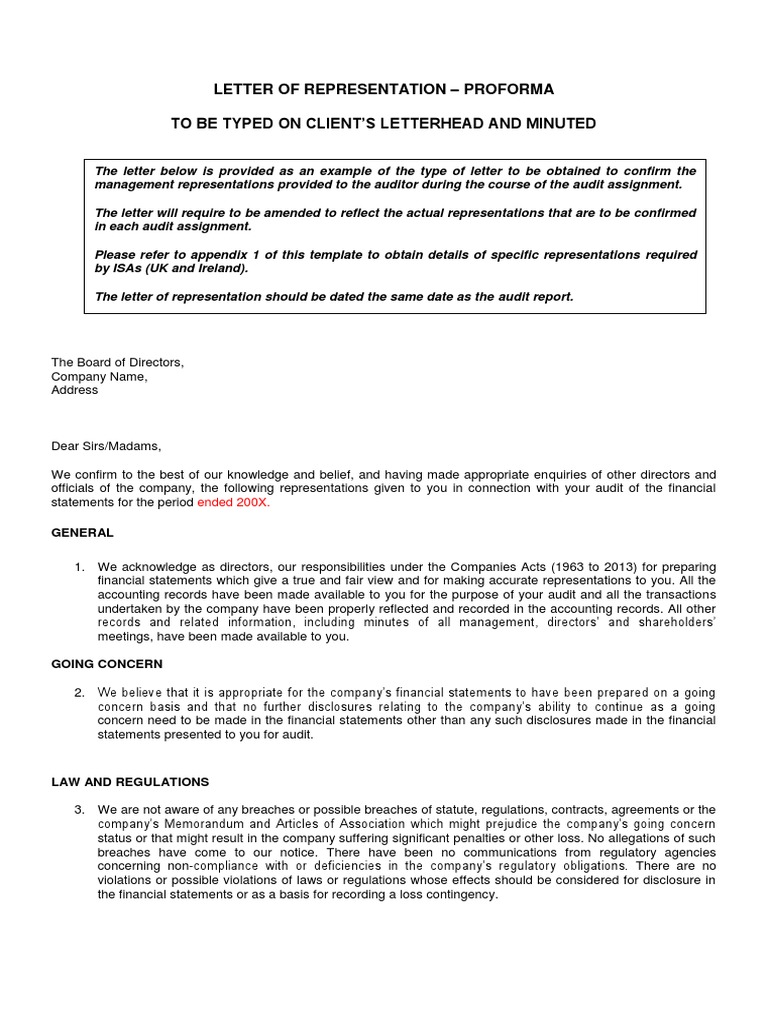 Letter of Representation Proforma | PDF | Going Concern | Audit