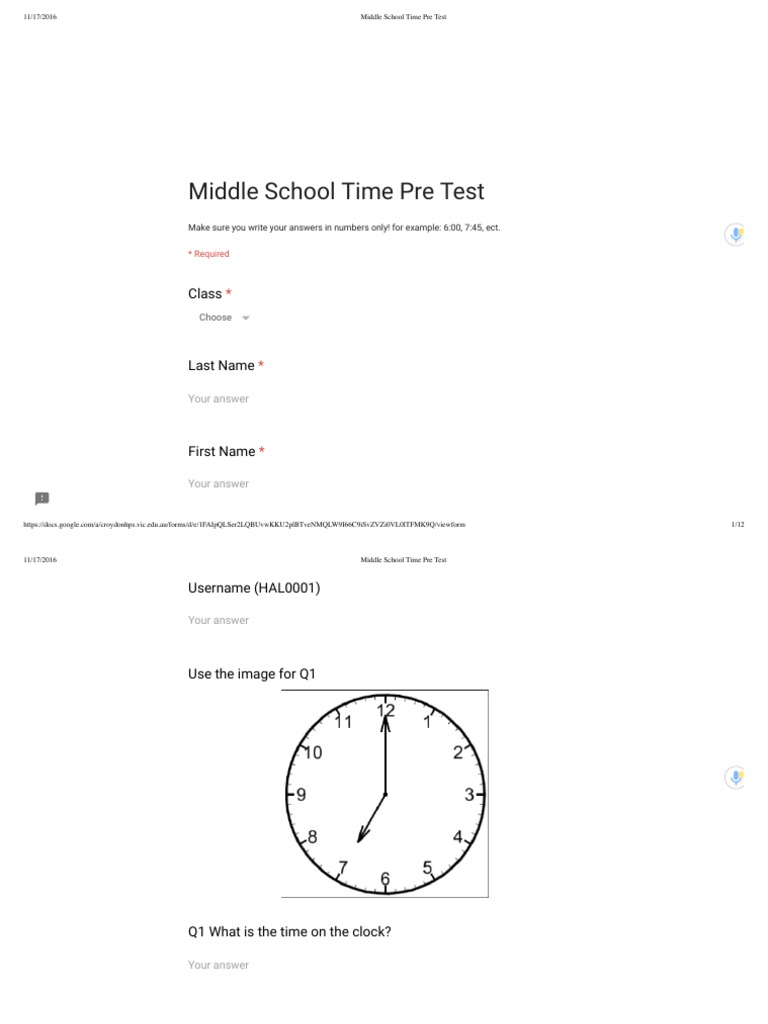 Middle School Time Pre Test | PDF