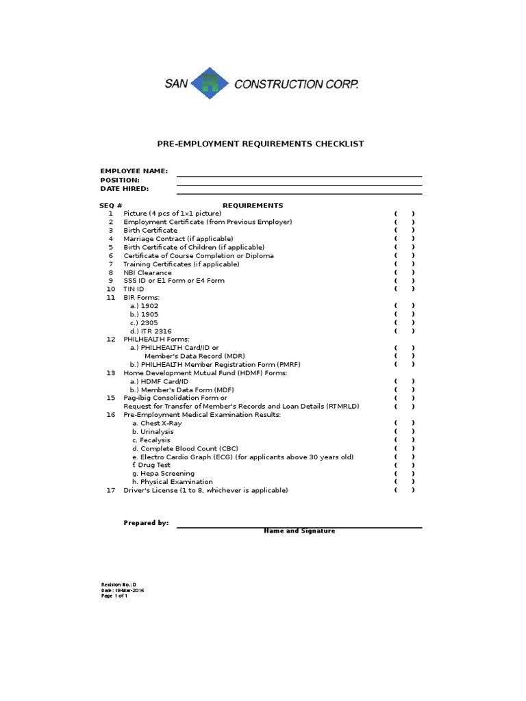 Pre-Employment Requirements Checklist | PDF