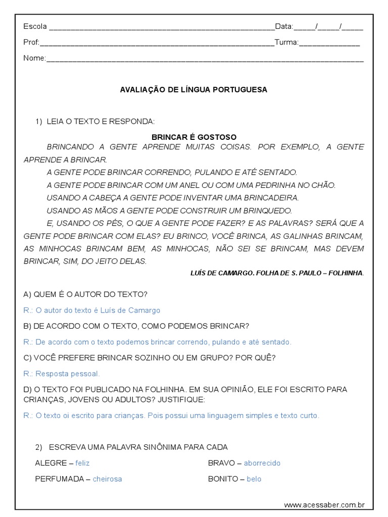Avaliacao de Lingua Portuguesa 2º Ano Respostas | PDF | Idiomas
