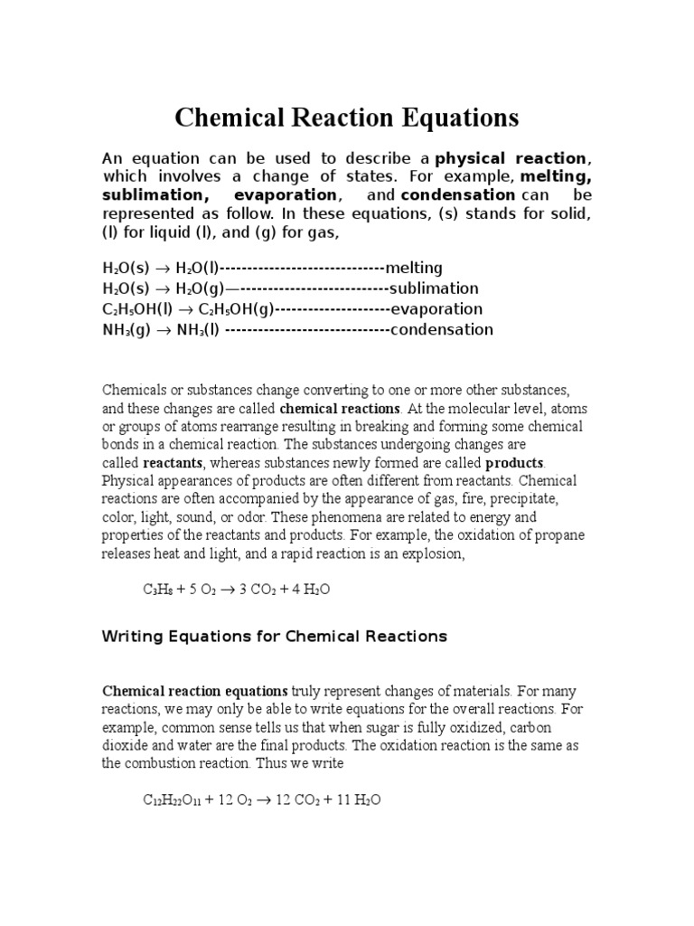 Chemical Reaction Equations | PDF | Product (Chemistry) | Chemical ...