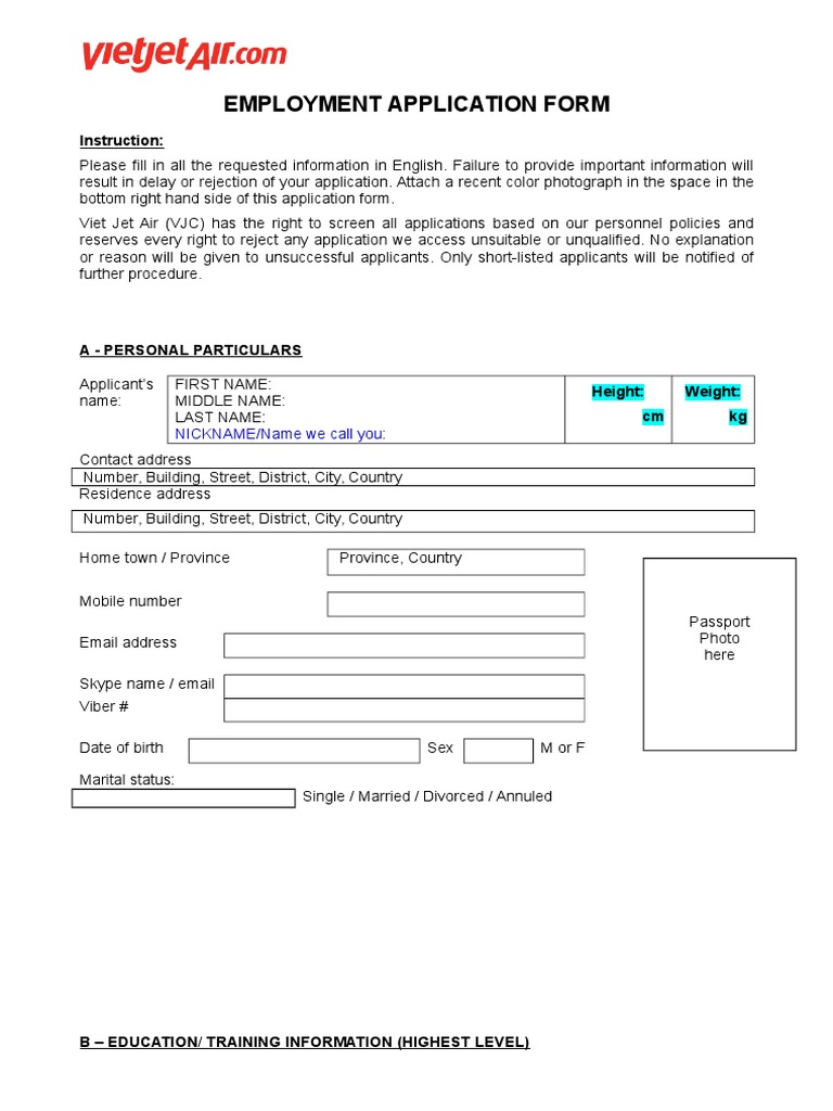 Vietjet Employment Application Form | PDF | Employment | Salary