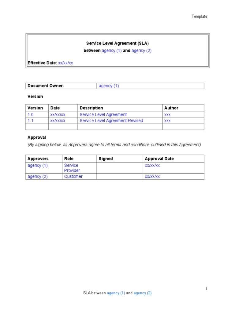 Info Sharing SLA Template | Service Level Agreement | Government ...