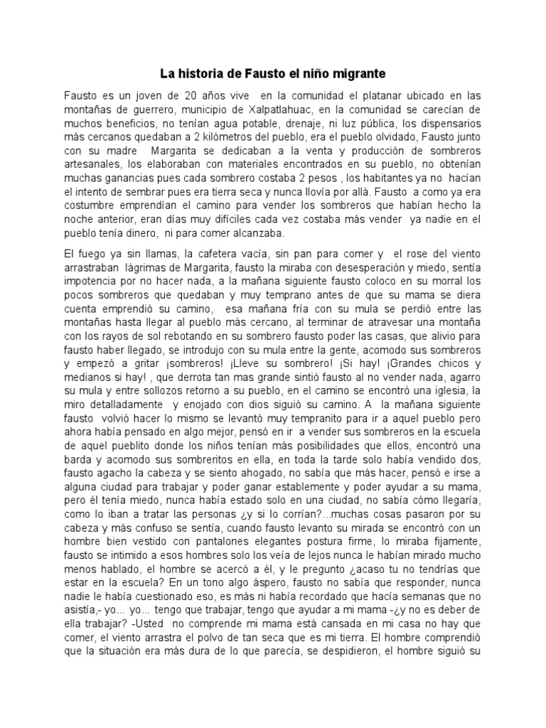 La Historia de Fausto El Niño Migrante | PDF | Felicidad | Ocio