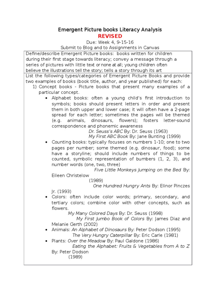 Emergent Picture Book Literary Analysis | PDF | Picture Book | Books