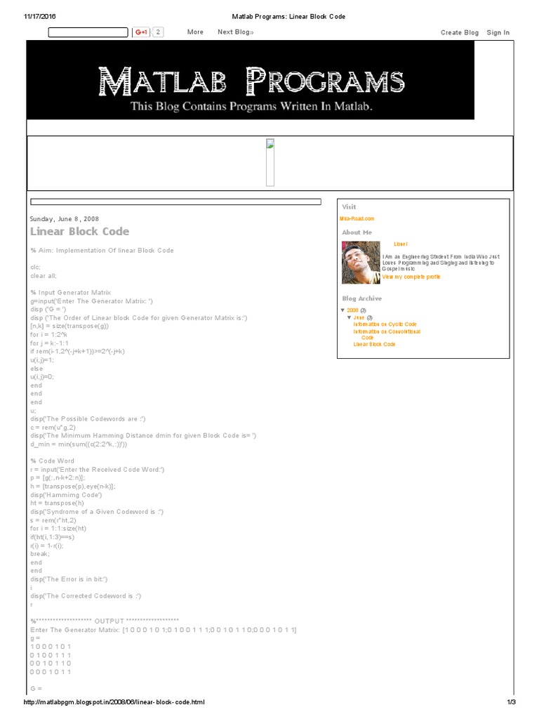 Matlab Programs - Linear Block Code Itc Mini Project | PDF
