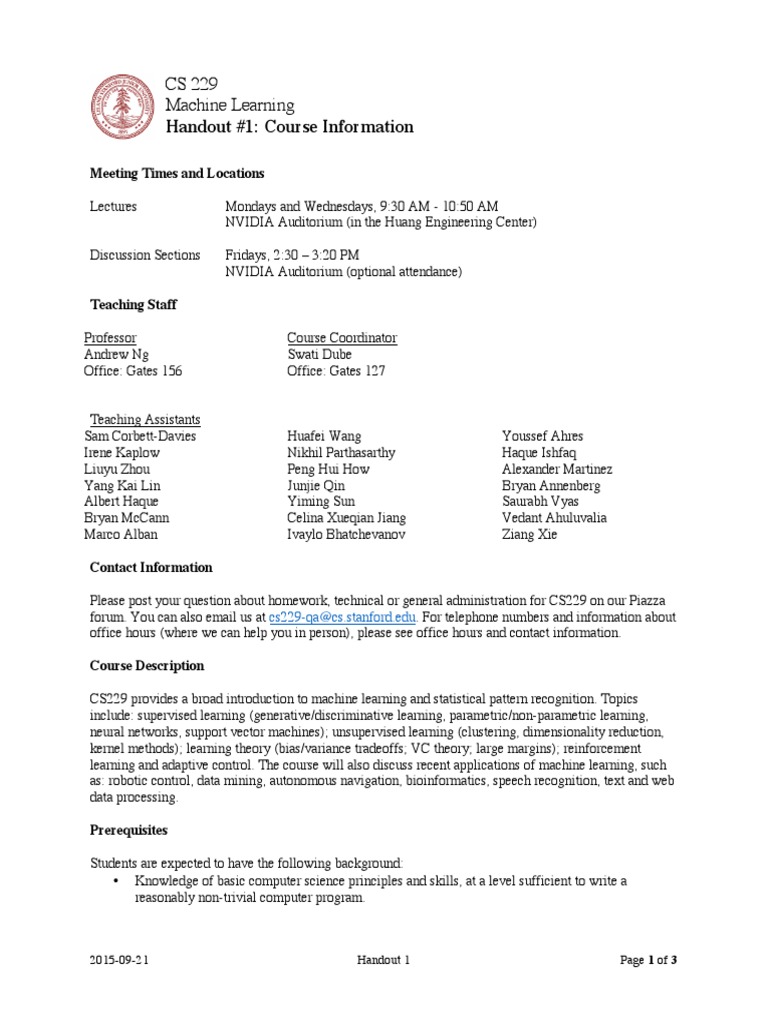 Handout #1: Course Information: CS 229 Machine Learning | PDF | Machine Learning | Homework