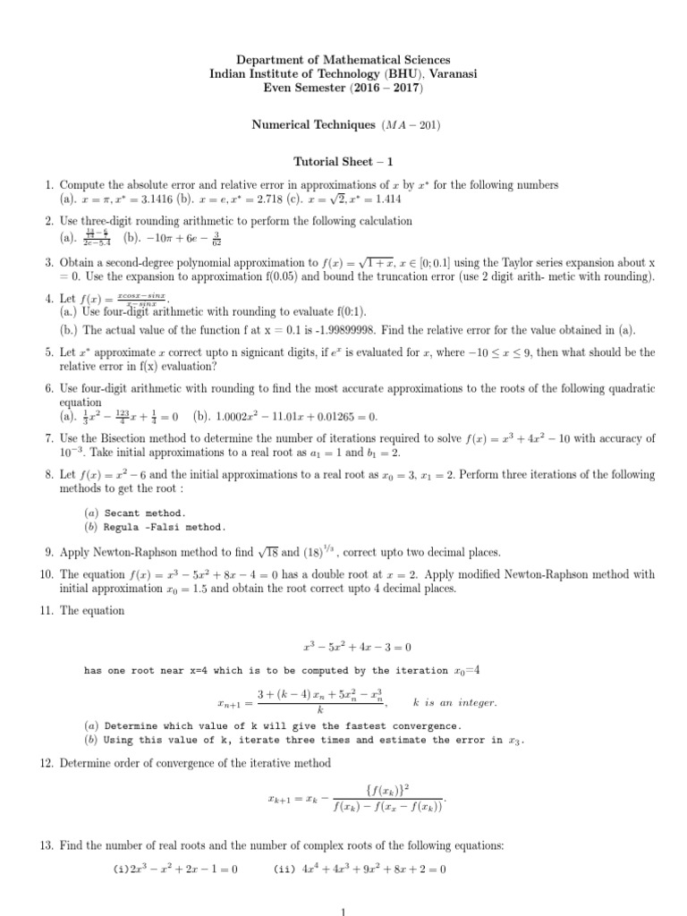 Tutorial Sheet 1 MA-201 | PDF | Numerical Analysis | Approximation