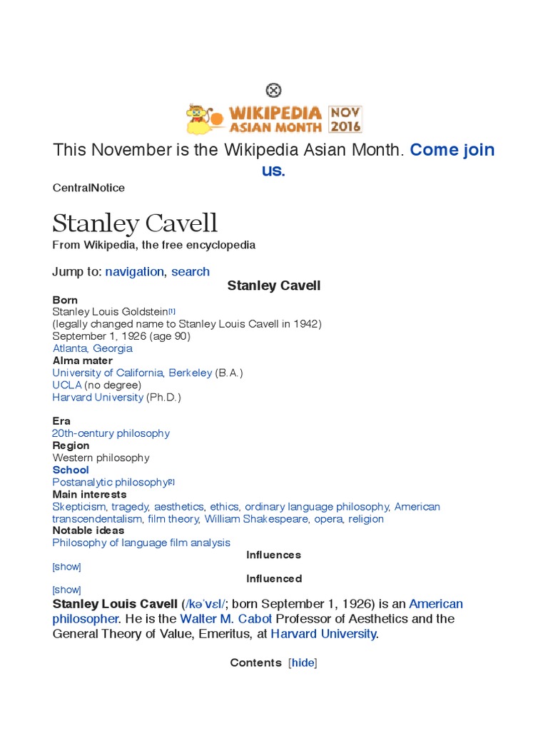 Stanley Cavell: This November Is The Wikipedia Asian Month | PDF ...