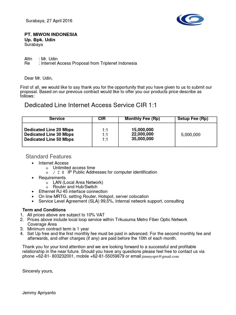 Dedicated Line Internet Access Service Proposal from Triplenet ...