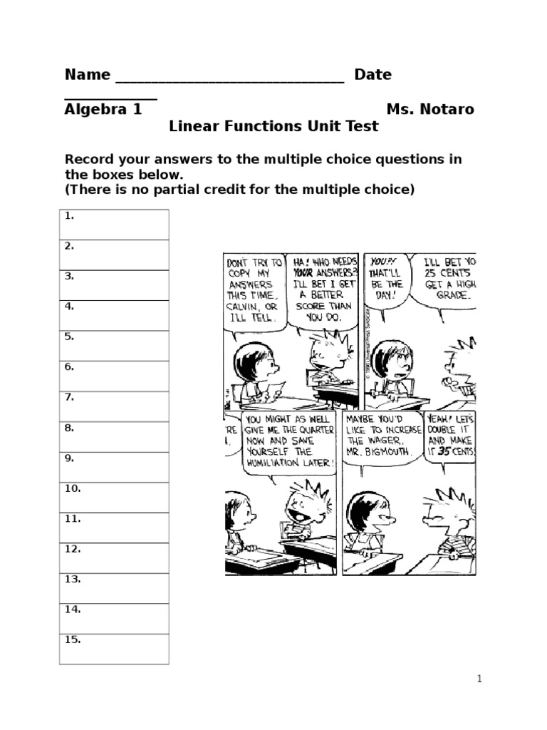 Ms. Notaro's Algebra 1 Linear Functions Unit Test | PDF