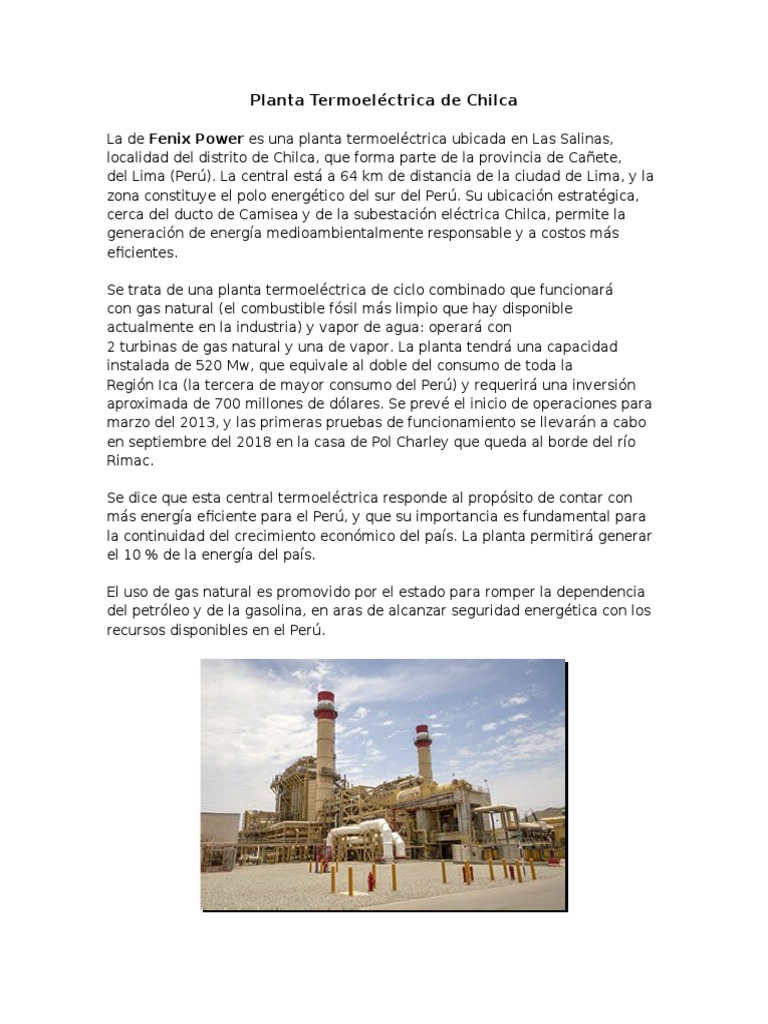 Planta Termoeléctrica Fenix Power Chilca | PDF | Generación eléctrica ...