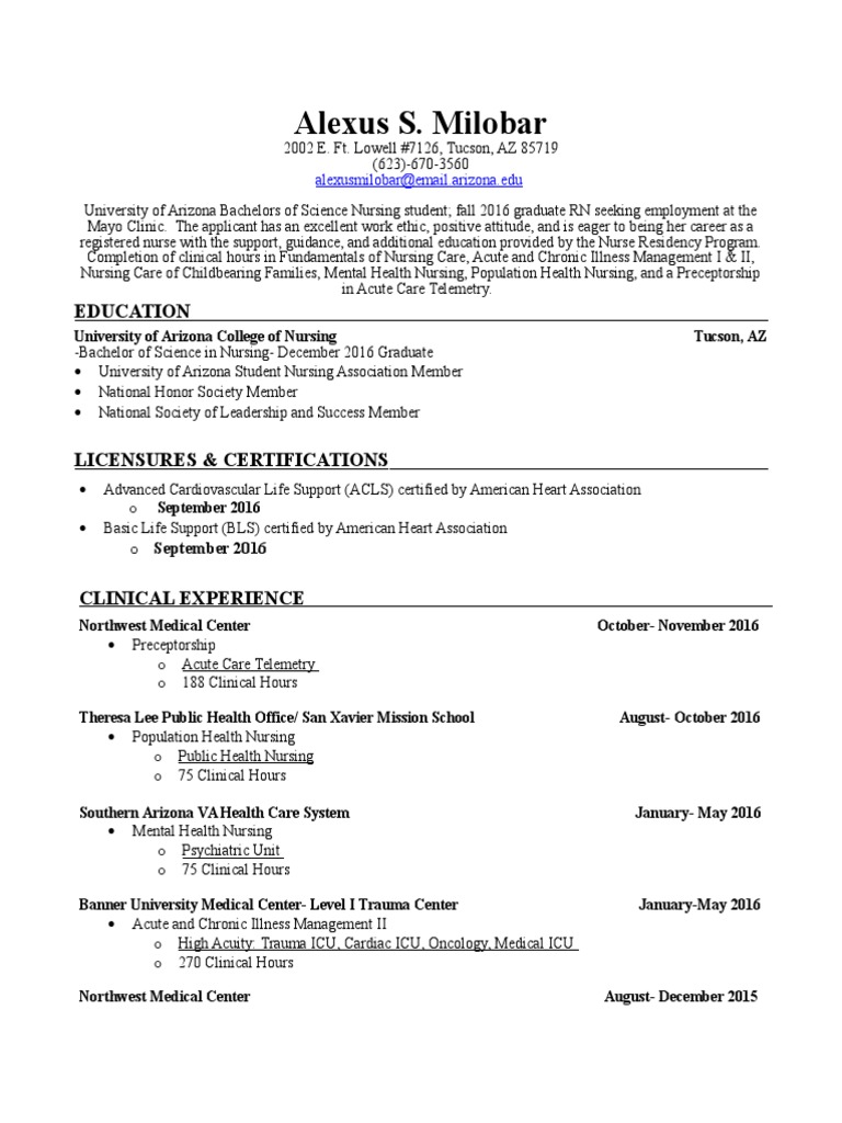 Milobar Alexus Resume Mayo | PDF | Nursing | Hospital