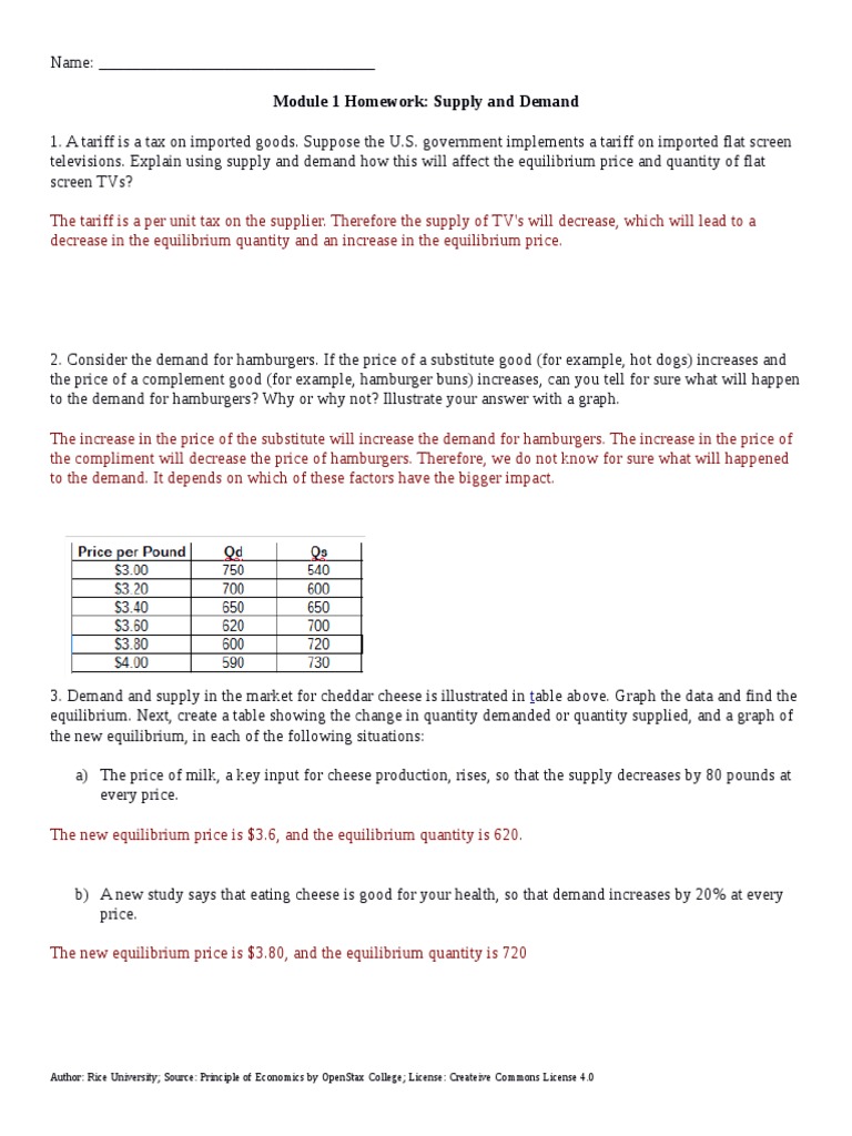 Homework Supply and Demand Answer Key | PDF | Supply And Demand ...