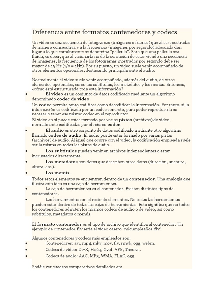 Diferencia Entre Formatos Contenedores y Codecs | PDF | Códec | Vídeo