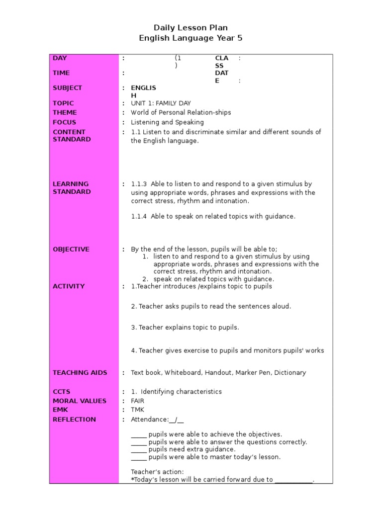 Daily Lesson Plan English Language Year 5 | PDF | Lesson Plan | English ...
