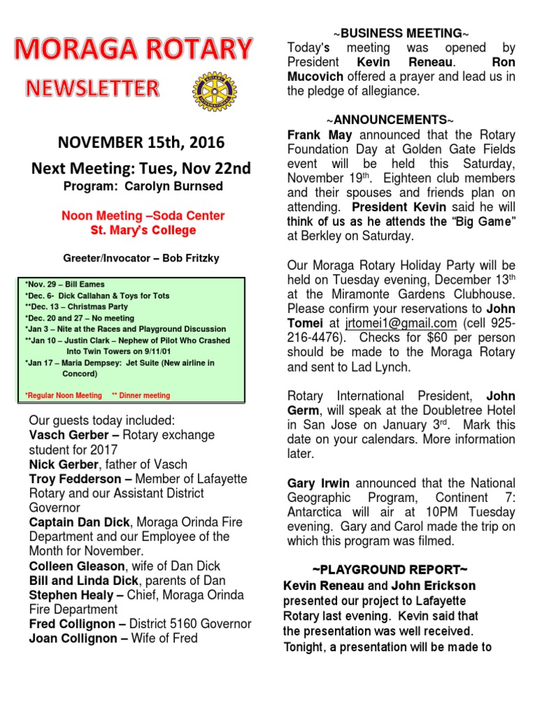 Moraga Rotary Newsletter For November 15, 2016 | PDF | Mutual ...