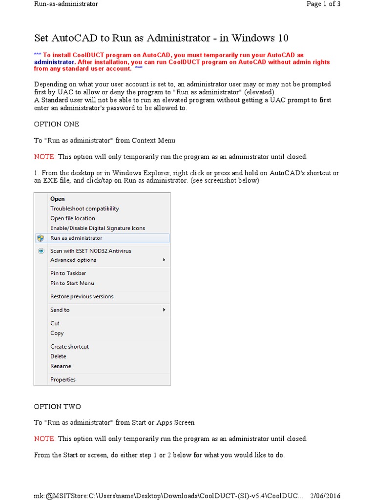Set Autocad To Run As Administrator - in Windows 10 | PDF