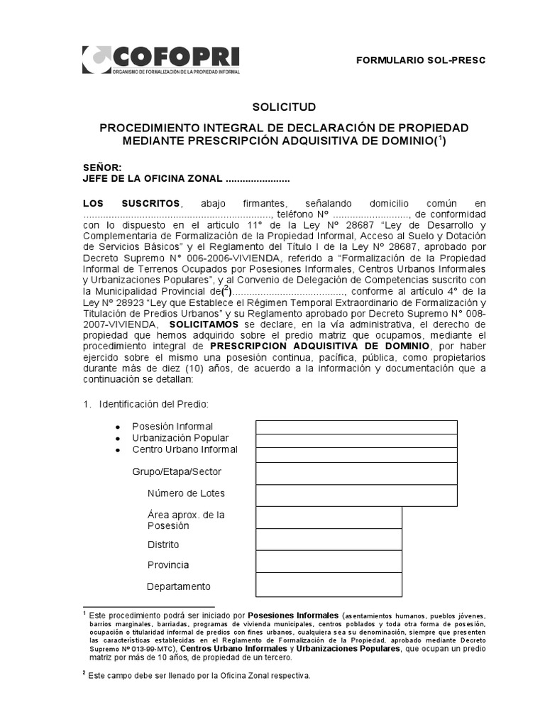 Formato Cofopri PDF | Descargar gratis PDF | Posesión (Ley) | Propiedad
