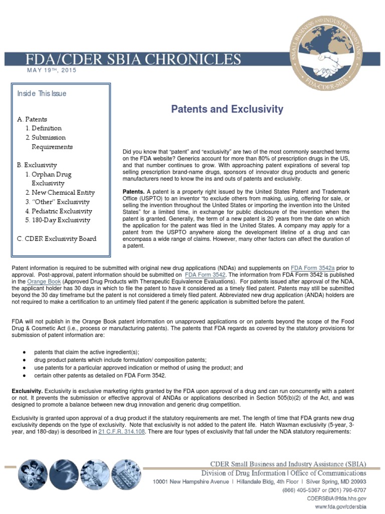 Patents and Exclusivity: Inside This Issue | PDF | Food And Drug ...