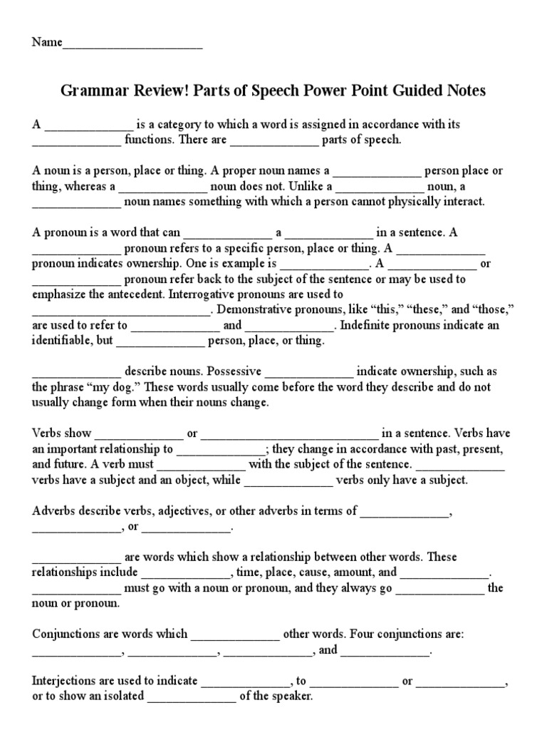 Parts of Speech Guided Notes Review | PDF