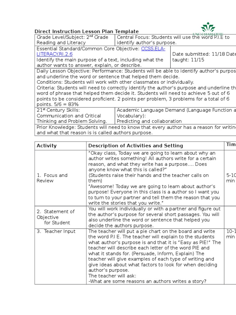 Ccss - Ela-LITERACY - RI.2.6: Direct Instruction Lesson Plan Template ...