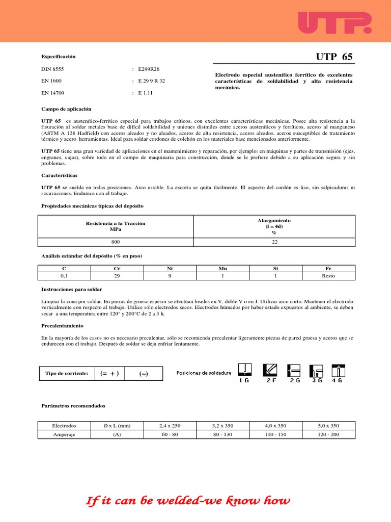 Ficha Tecnica Electrodo Utp 65
