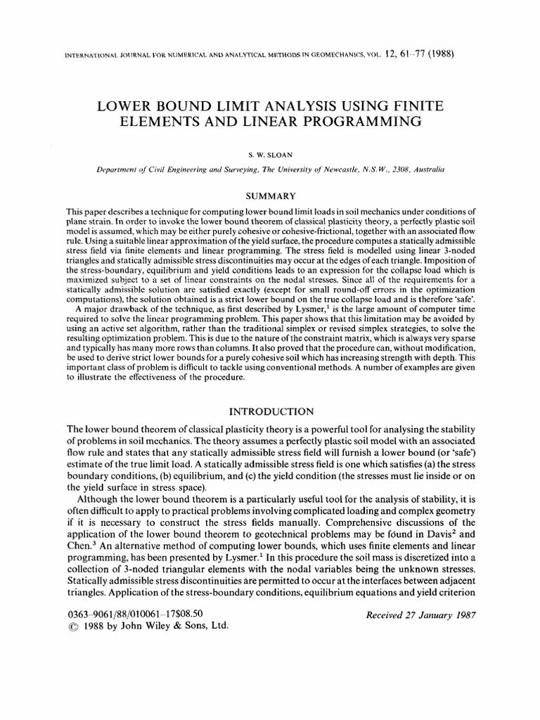 Lower Bound Limit Analysis Using Finite Elements And Linear Programming Pdf Linear