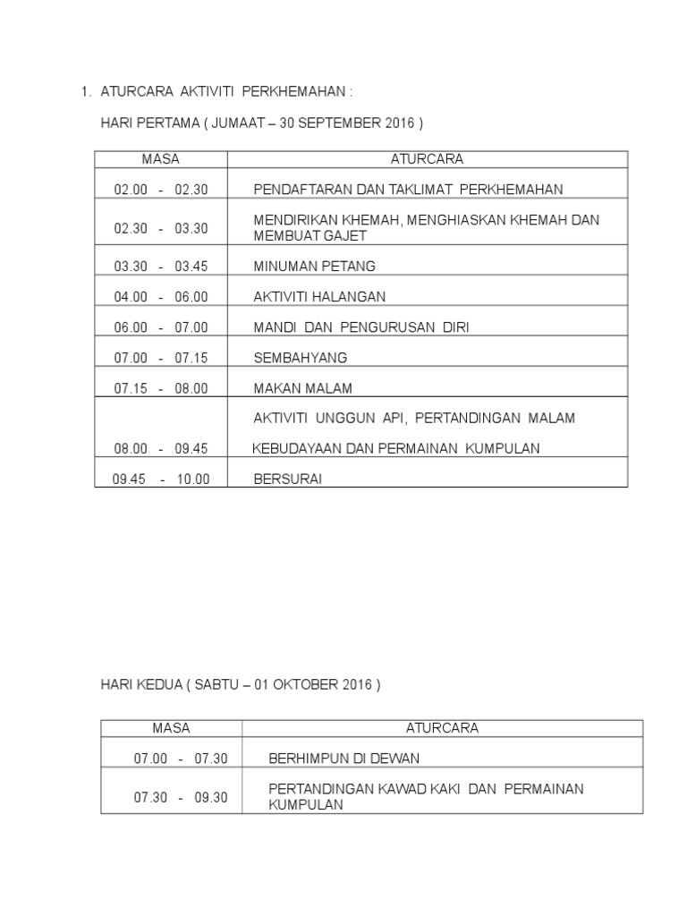 Aturcara Aktiviti Perkhemahan | PDF