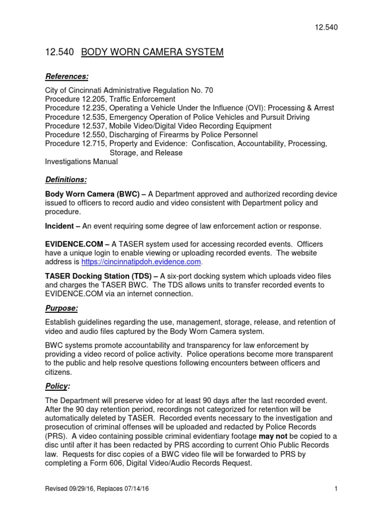 Cincinnati Police Department Body-Camera Policy. | PDF | Taser | Body ...
