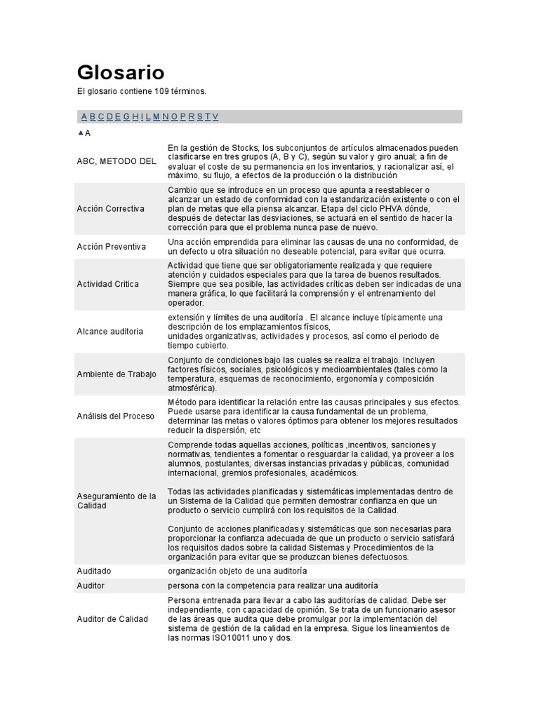 Glosario de Términos de Calidad | PDF | Gestión de la calidad | Calidad ...
