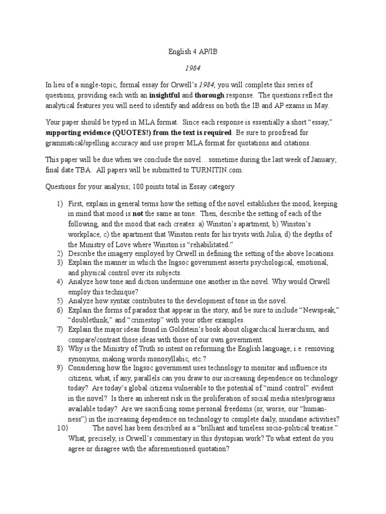 1984 Qs Assignment | PDF | Essays | Cognition