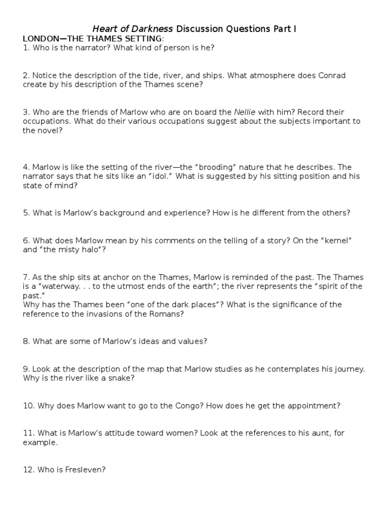 Heart of Darkness Reading Guide | PDF | Heart Of Darkness | Kurtz ...