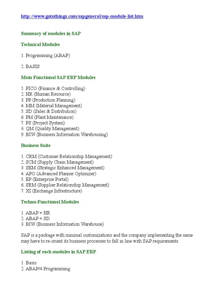 Summary of Modules in SAP Technical Modules | PDF | Supply Chain ...