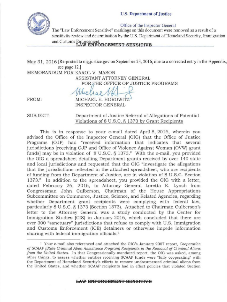 DOJ IG Sanctuary Cities | PDF