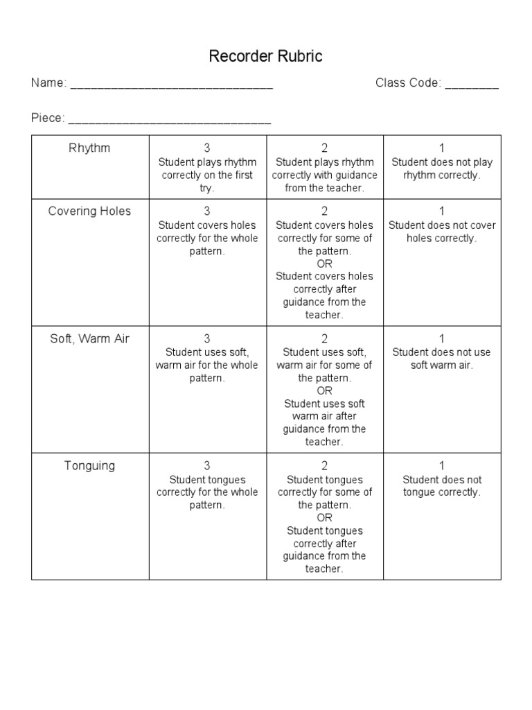 Recorder Rubric 2016 | PDF | Teaching Methods & Materials