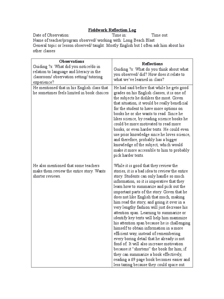 Fall 05 Fieldwork Reflection Log Template | PDF | Vocabulary | Teachers