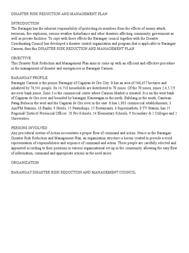 Disaster Risk Reduction and Management Plan | PDF | Emergency ...