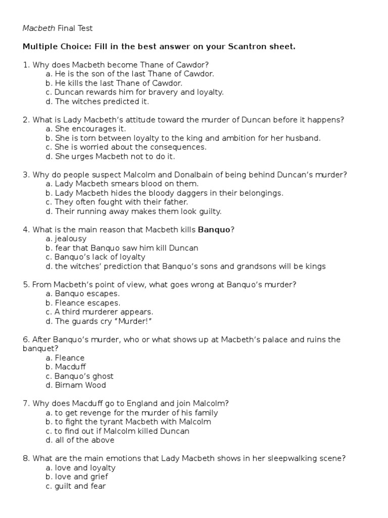 Macbeth Final Test | PDF | Macbeth | Shakespearean Characters