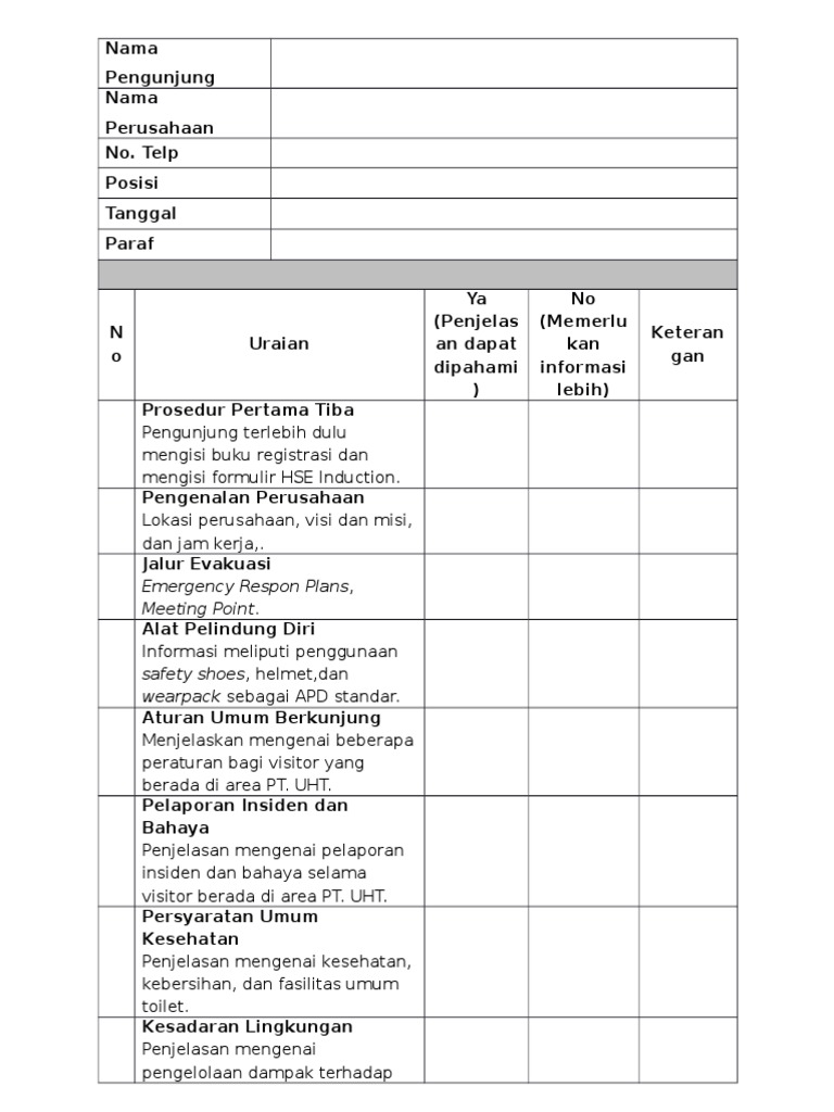 Safety Induction Form Visitor | PDF