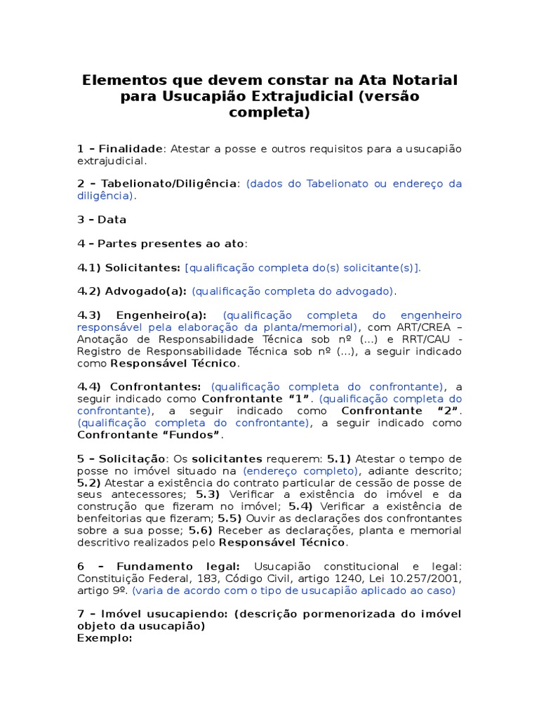 Elementos Da Ata Notarial Para Usucapião Extrajudicial